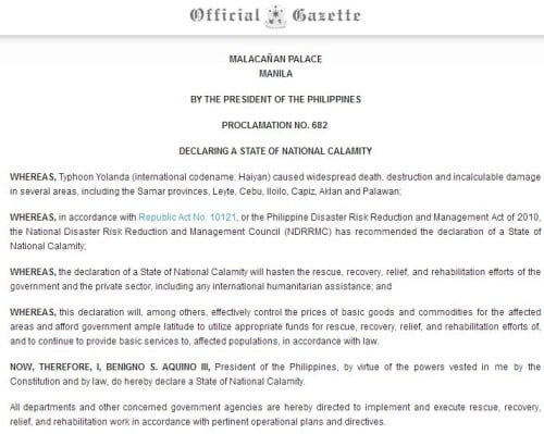 Pres. Aquino Declared State of National Calamity Due to Typhoon Yolanda (Video) | PhilNews