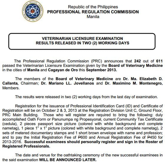 Veterinarian Board Exam Performance of Schools (Sept. 2013) | PhilNews