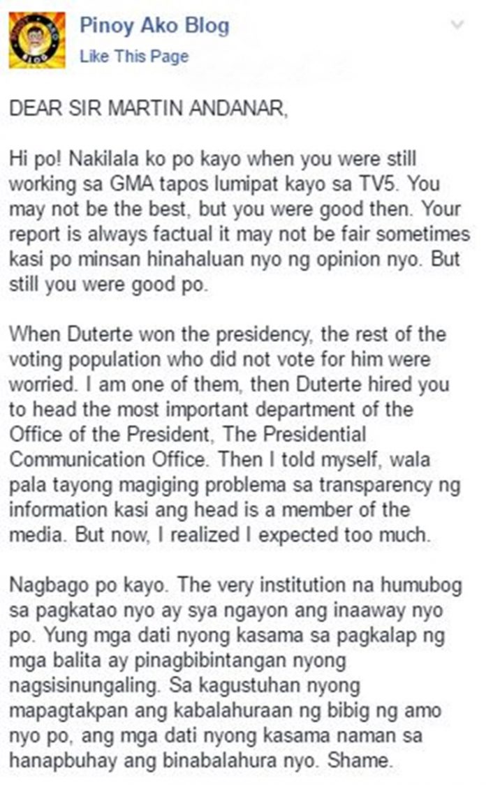 Pinoy Ako Blog Exposed Andanar’s Office Huge Hidden Budget