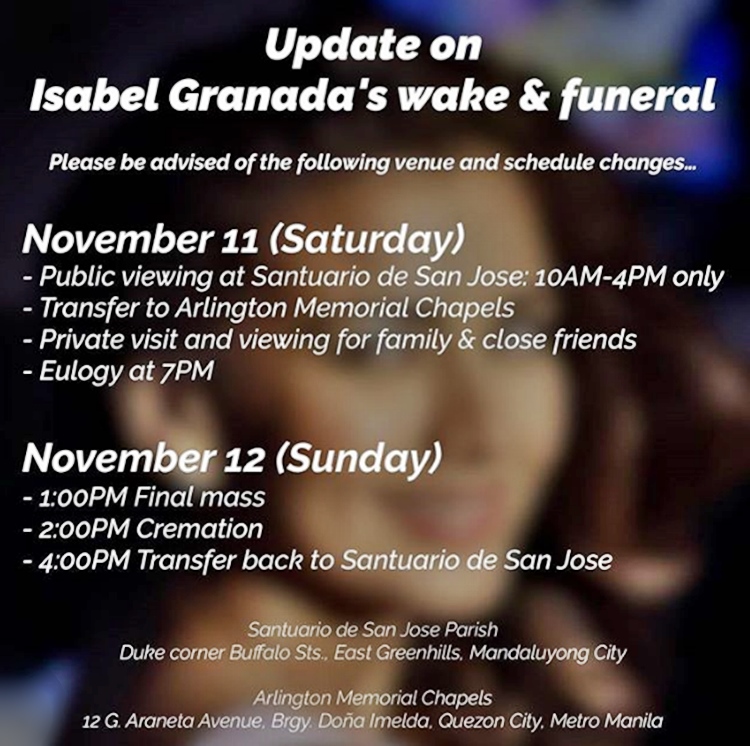 Isabel Granada's Wake, Funeral Schedule Changes