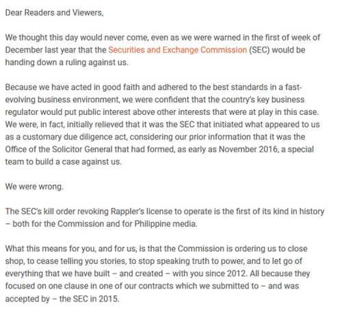 Rappler Issues Official Statement Following SEC's Shut Down Order