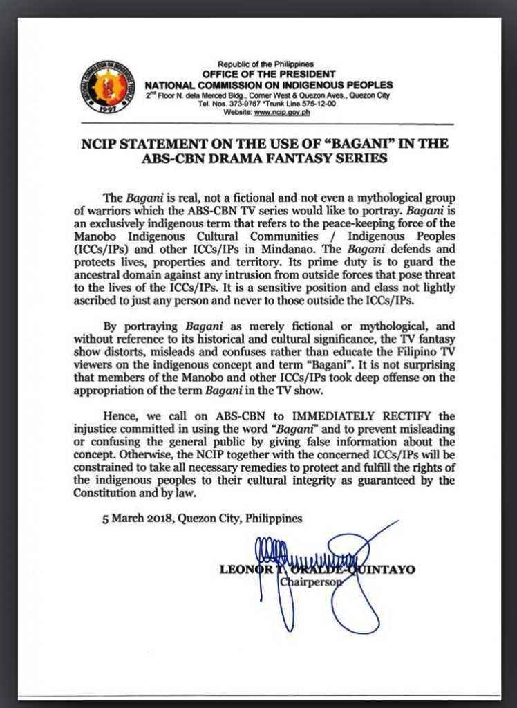NCIP Releases Official Statement Over Misuse Of Term "Bagani" On ABS ...