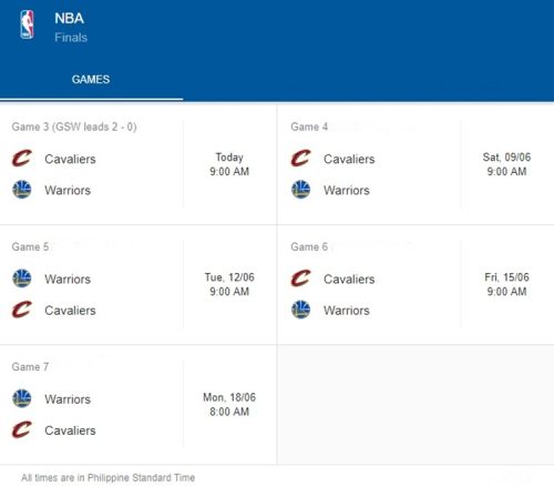 NBA 2018 Finals Schedule (Golden State Warriors vs. Cleveland Cavaliers)