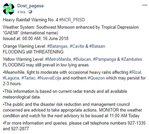 PAGASA Issues Orange Rainfall Warning In These Following Areas (June 16)