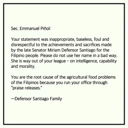 Miriam Defensor-Santiago 's Family Reacts To Manny Piñol's Joke