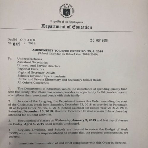DepEd Last Day Of Classes In 2019 Revealed Through DepEd Order