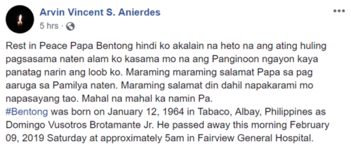 Pinoy Comedian Bentong Passed Away At The Age of 55