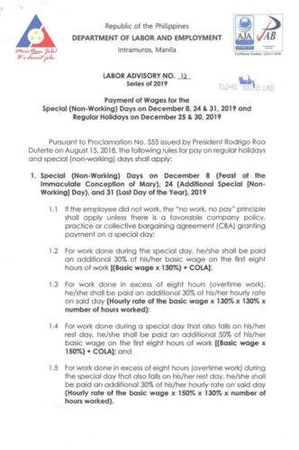 DOLE Releases Holiday Pay Rules for December 24, 25, 30 and 31, 2019