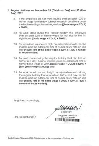 DOLE Releases Holiday Pay Rules for December 24, 25, 30 and 31, 2019