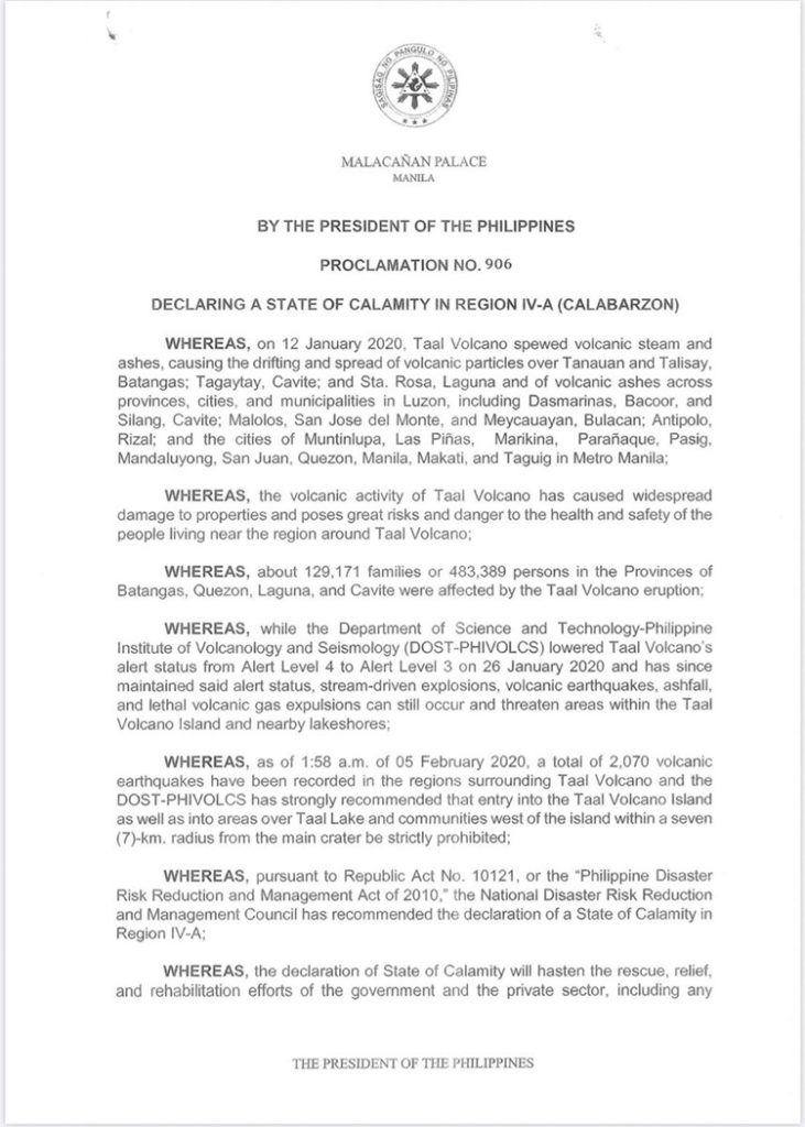 President Duterte Declares State of Calamity in Calabarzon Due to Taal ...