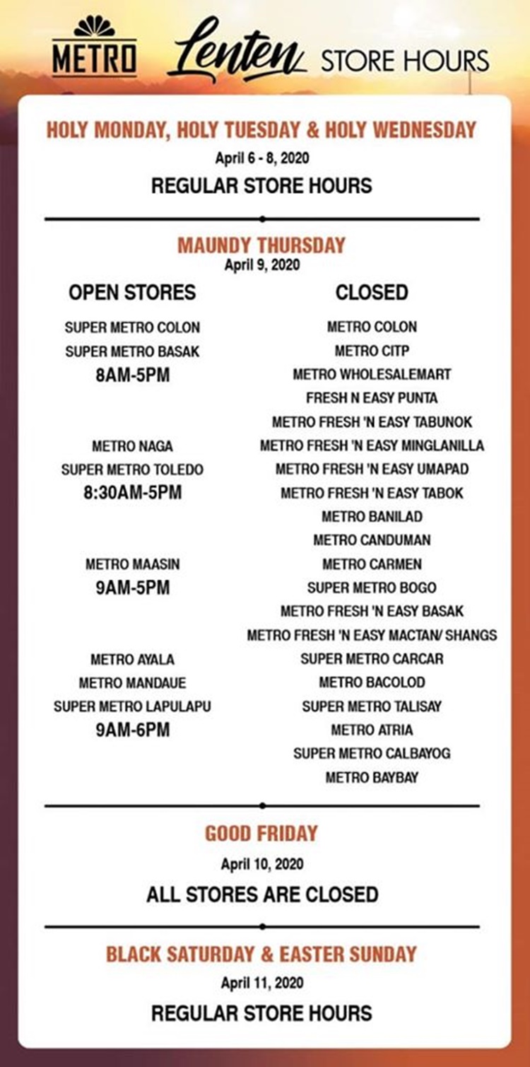 HOLY WEEK 2020: Store Hours of Supermarket, Essential Stores