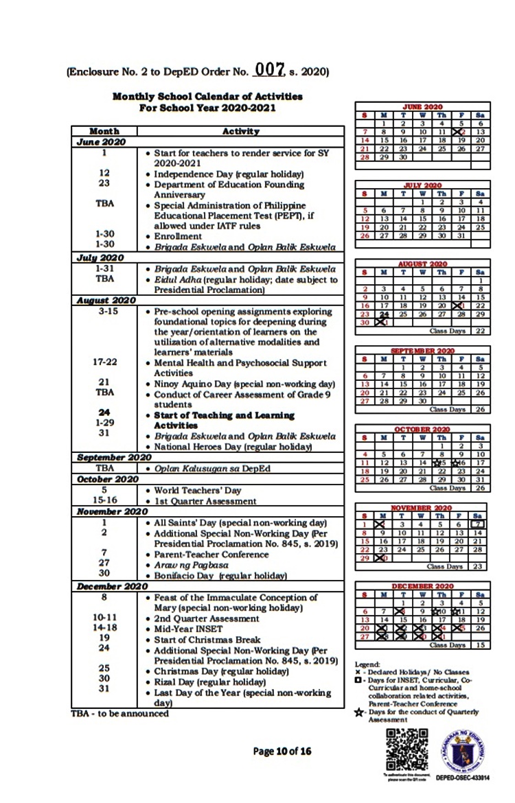 DepEd School Calendar For S.Y. 2020-2021, Here Are The Activities