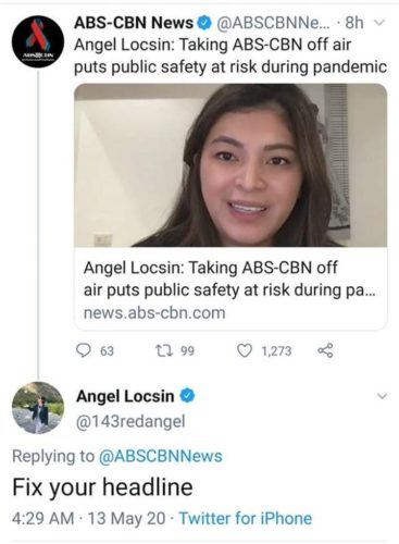 Angel Locsin Replies To ABS-CBN's Tweet: "Fix your headline"