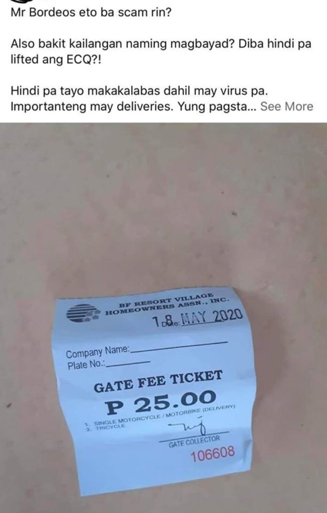 Gate Fee Ticket in Las Piñas Subdivision Elicits Complaints