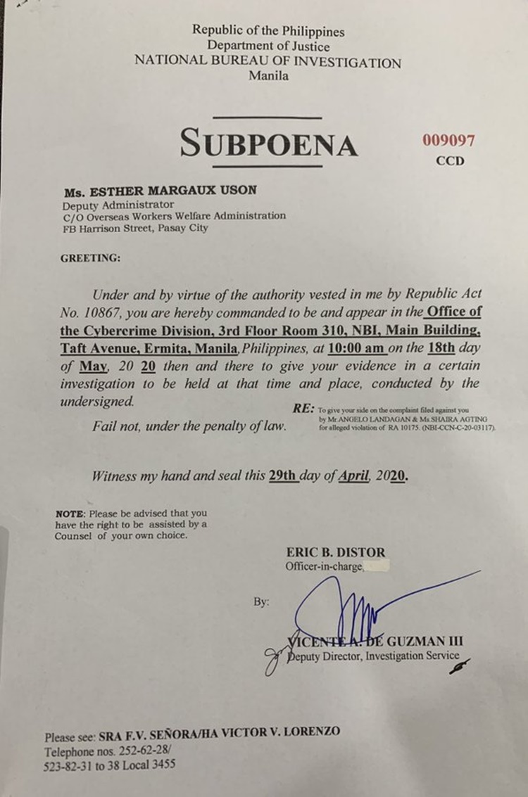 NBI Issues Subpoena To Mocha Uson Over Fake News Complaint