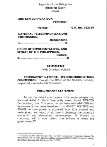 NTC Asks Supreme Court to Junk ABS-CBN's Petition 'For Lack Of Merit'