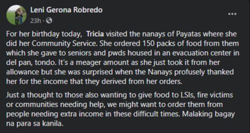 Leni Robredo 's Daughter Tricia Celebrates Birthday W/ Senior Citizens ...