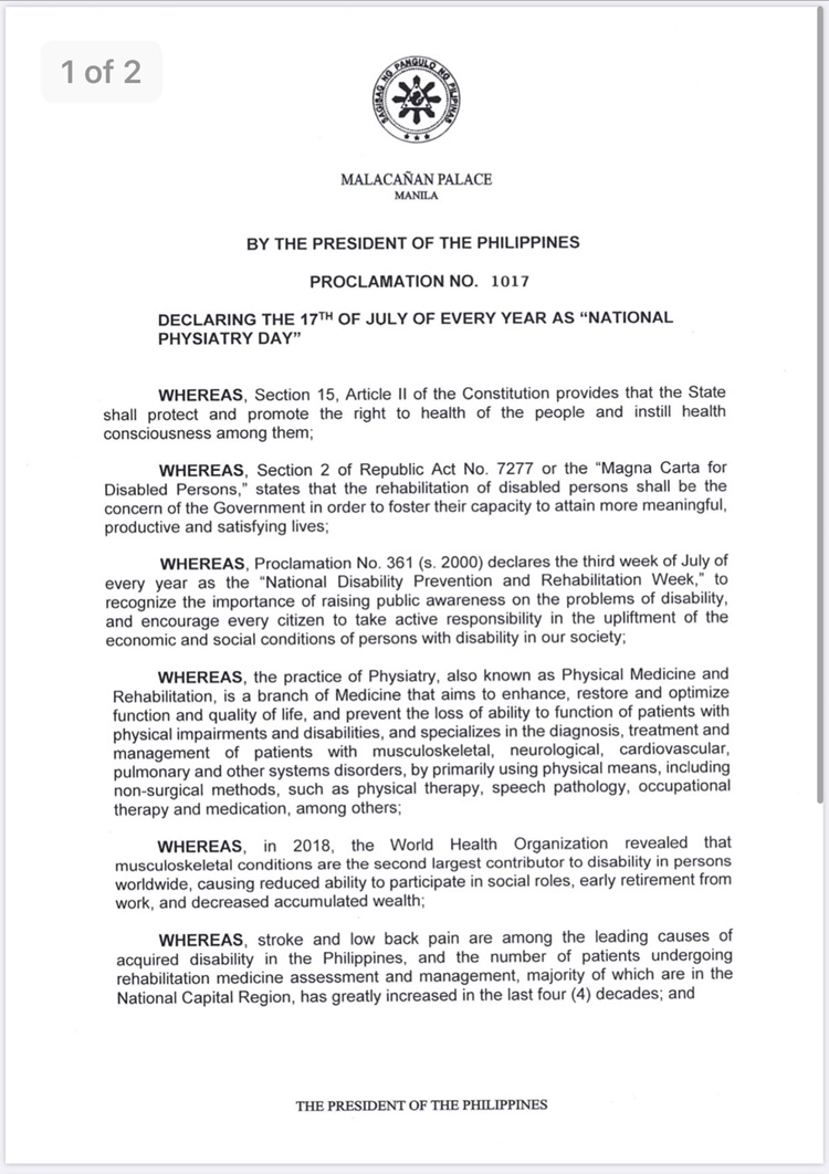President Duterte Declares July 17 of Every Year As “National Physiatry ...