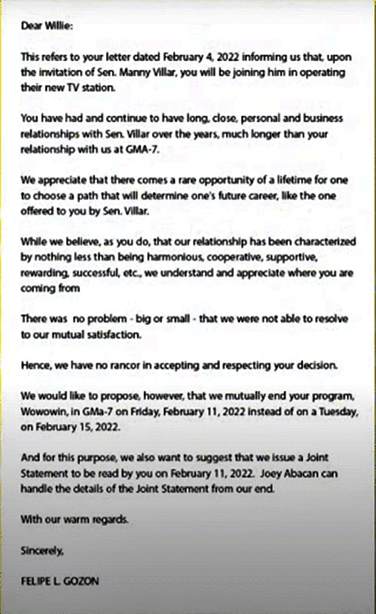 Willie Revillame Shares Letter From GMA CEO Atty. Felipe Gozon