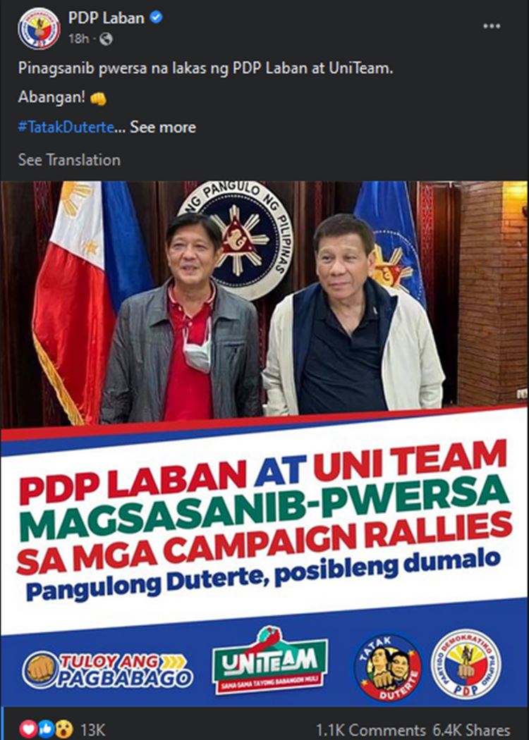 BBM-Sara Rally: PDP-Laban hints at possible attendance of PRRD