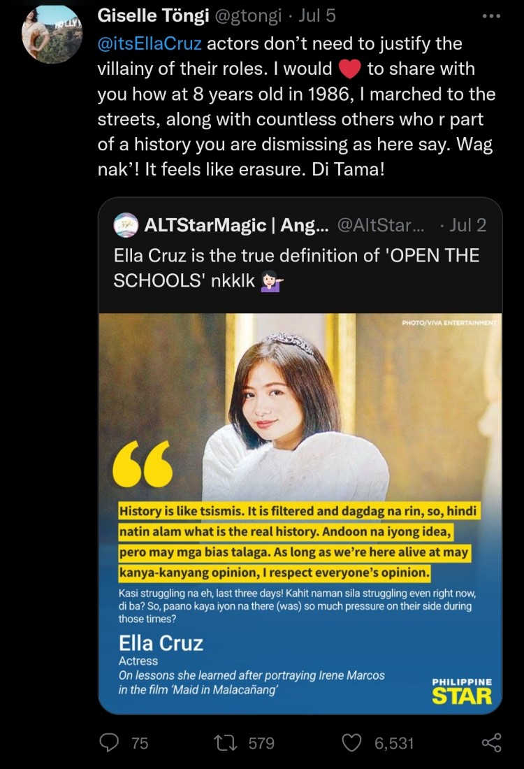 G Tongi Says She Was There When Marcos Was Ousted, Netizens React