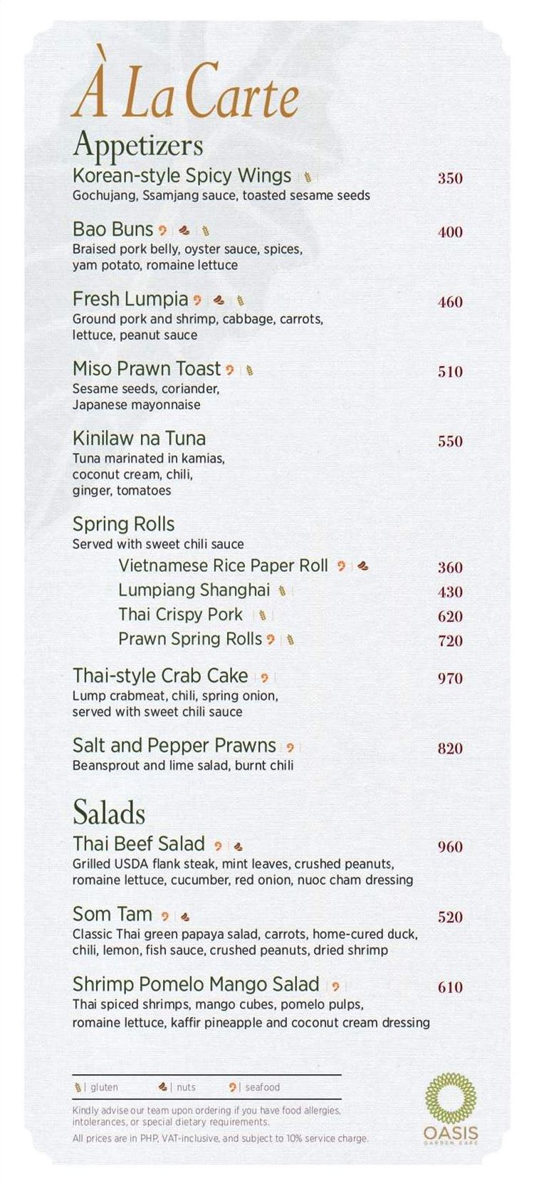 Oasis Garden Cafe Solaire Menu and Prices