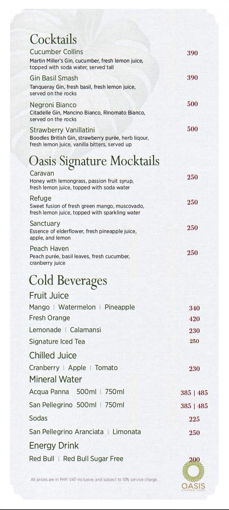Oasis Garden Cafe Solaire Menu and Prices