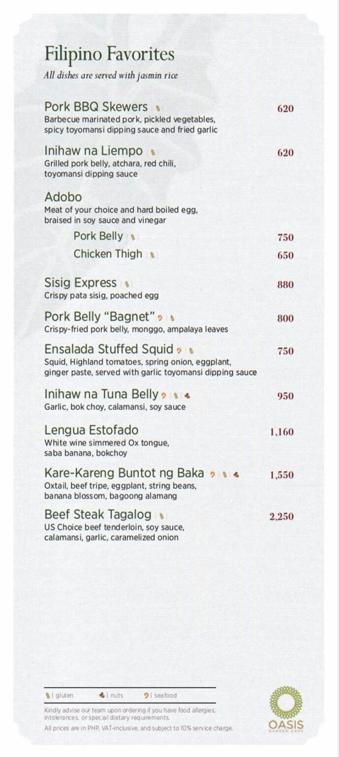 Oasis Garden Cafe Solaire Menu and Prices