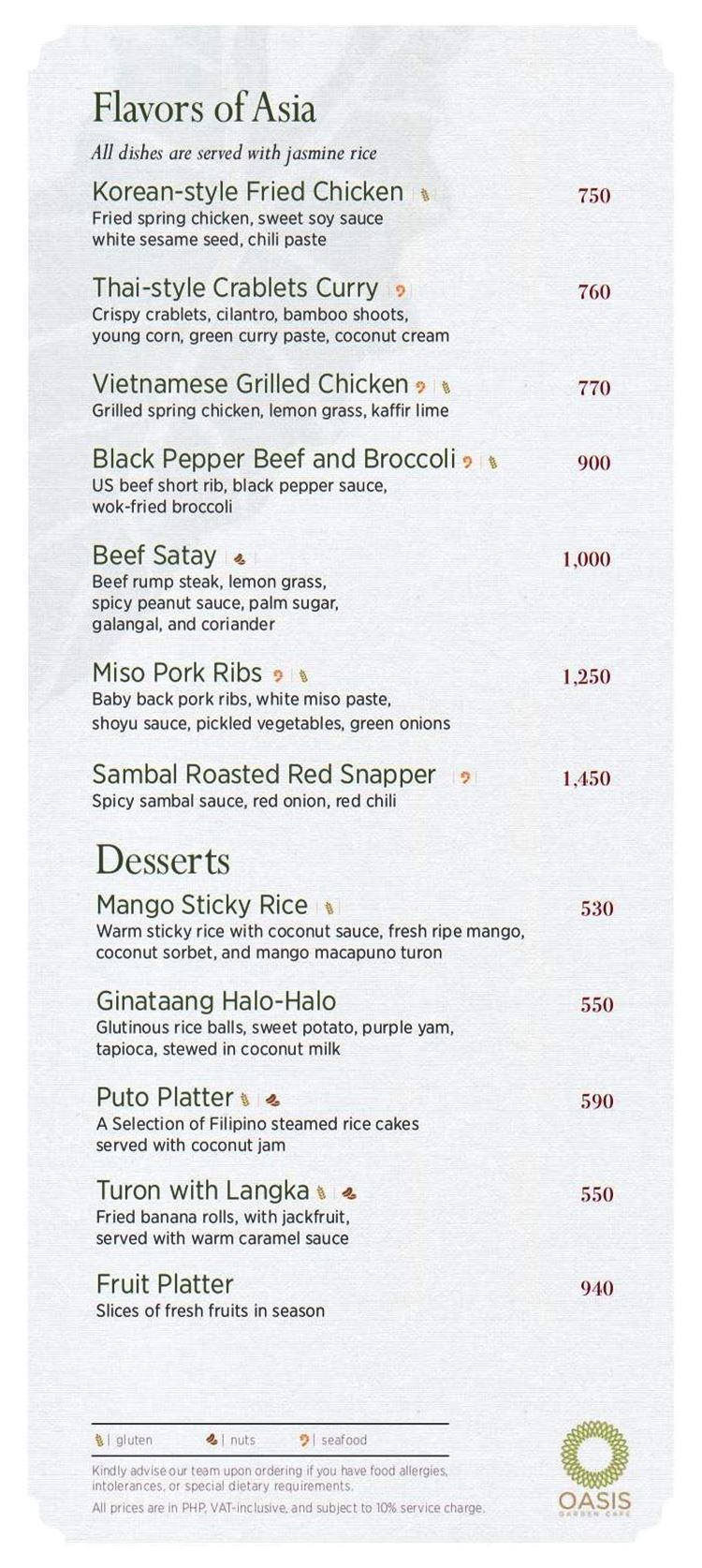 Oasis Garden Cafe Solaire Menu and Prices