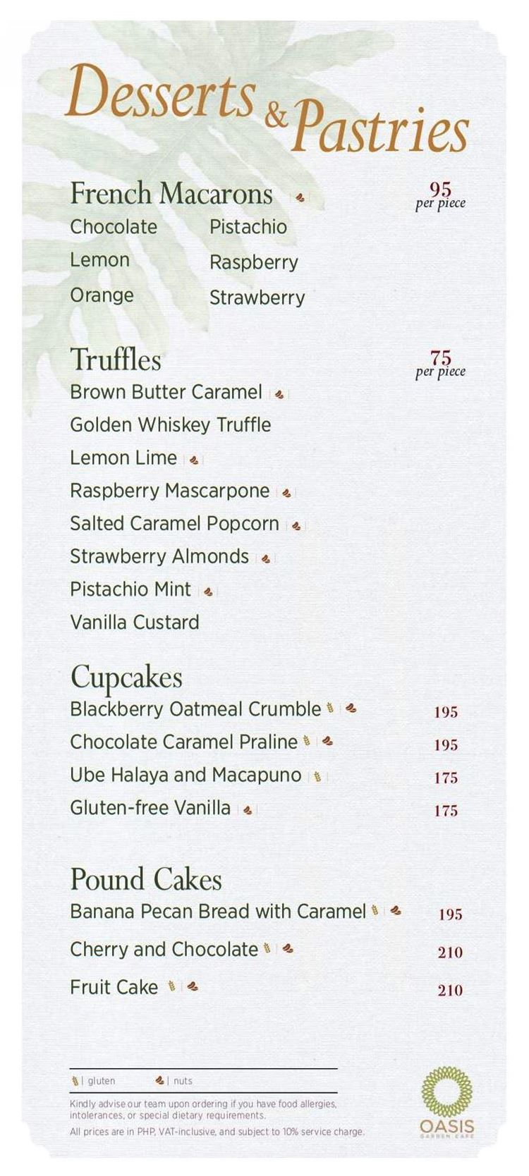 Oasis Garden Cafe Solaire Menu and Prices