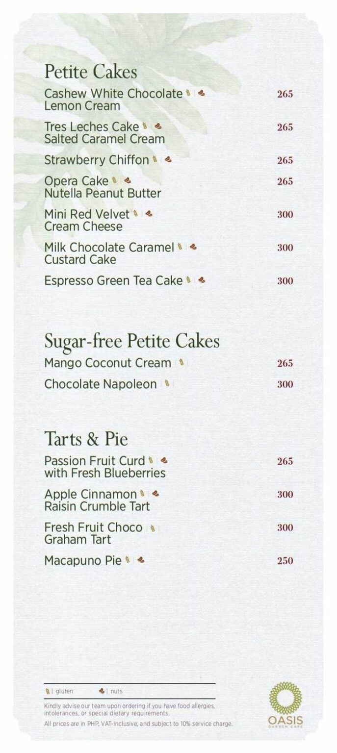 Oasis Garden Cafe Solaire Menu and Prices