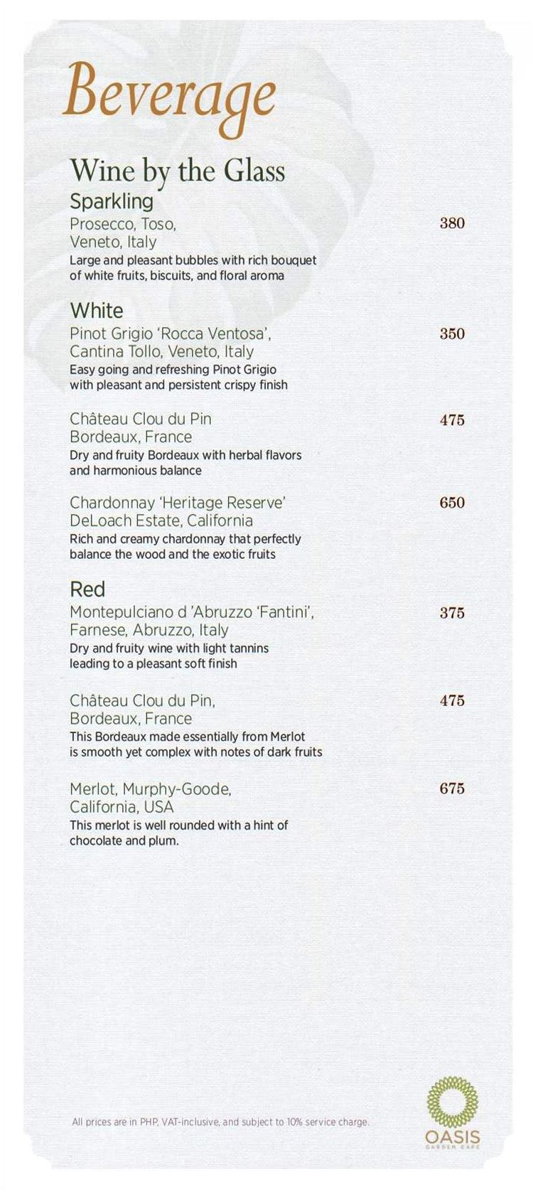 Oasis Garden Cafe Solaire Menu and Prices