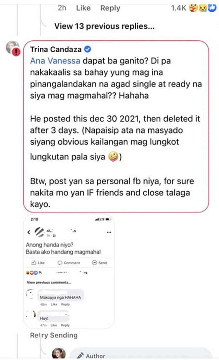 Trina Candaza reveals Ex's 'Single, ready to mingle' post while they're still together