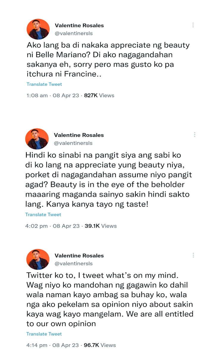 Valentine Rosales Defends ‘Di ako nagagandahan’ Tweet About Belle Mariano