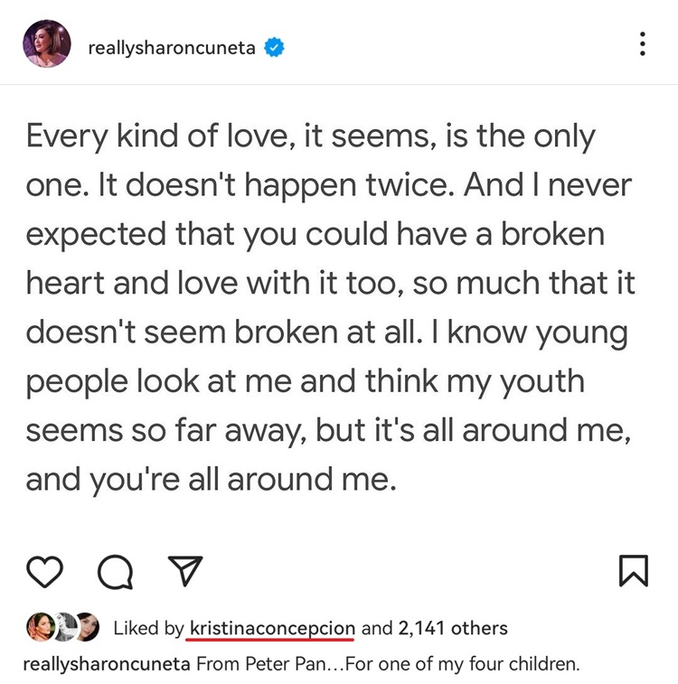 KC Concepcion Likes Sharon Cuneta's Meaningful Peter Pan Post | PhilNews