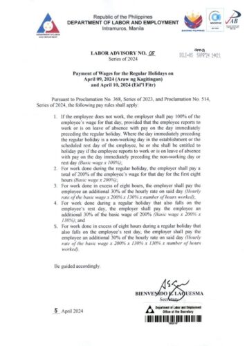 DOLE Reminds Employers to Observe Pay Rules for April 9-10, 2024 ...