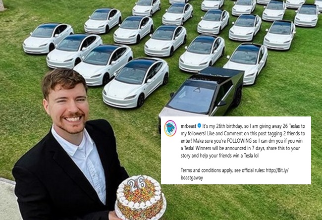 MrBeast To Give Away 26 Tesla Cars To Lucky Followers for his 26th ...