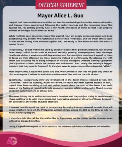 Alice Guo Issues Official Statement on Accusations, Gives Message for ...