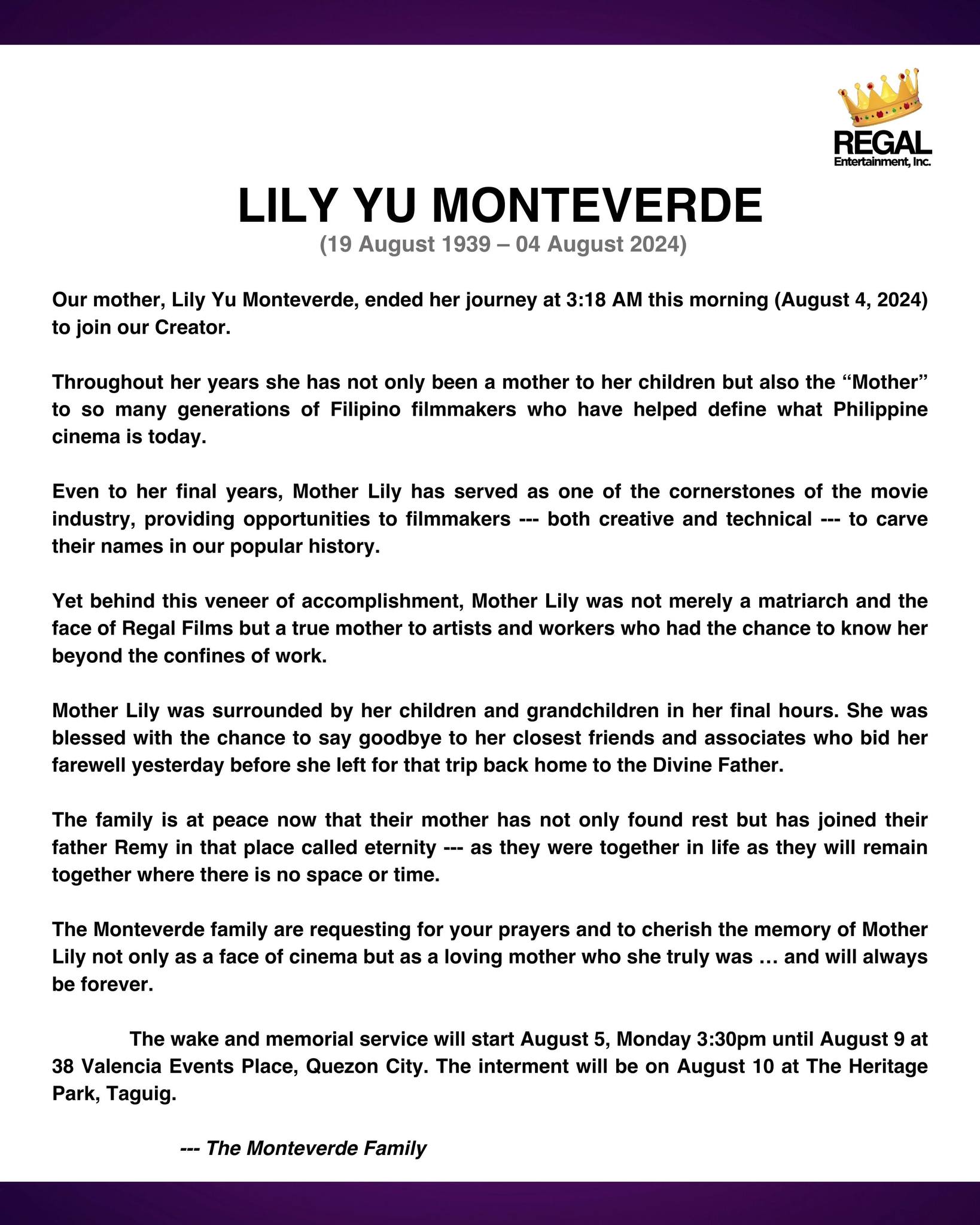 Mother Lily Monteverde Dies 6 Days After Husband Remy's Death | PhilNews