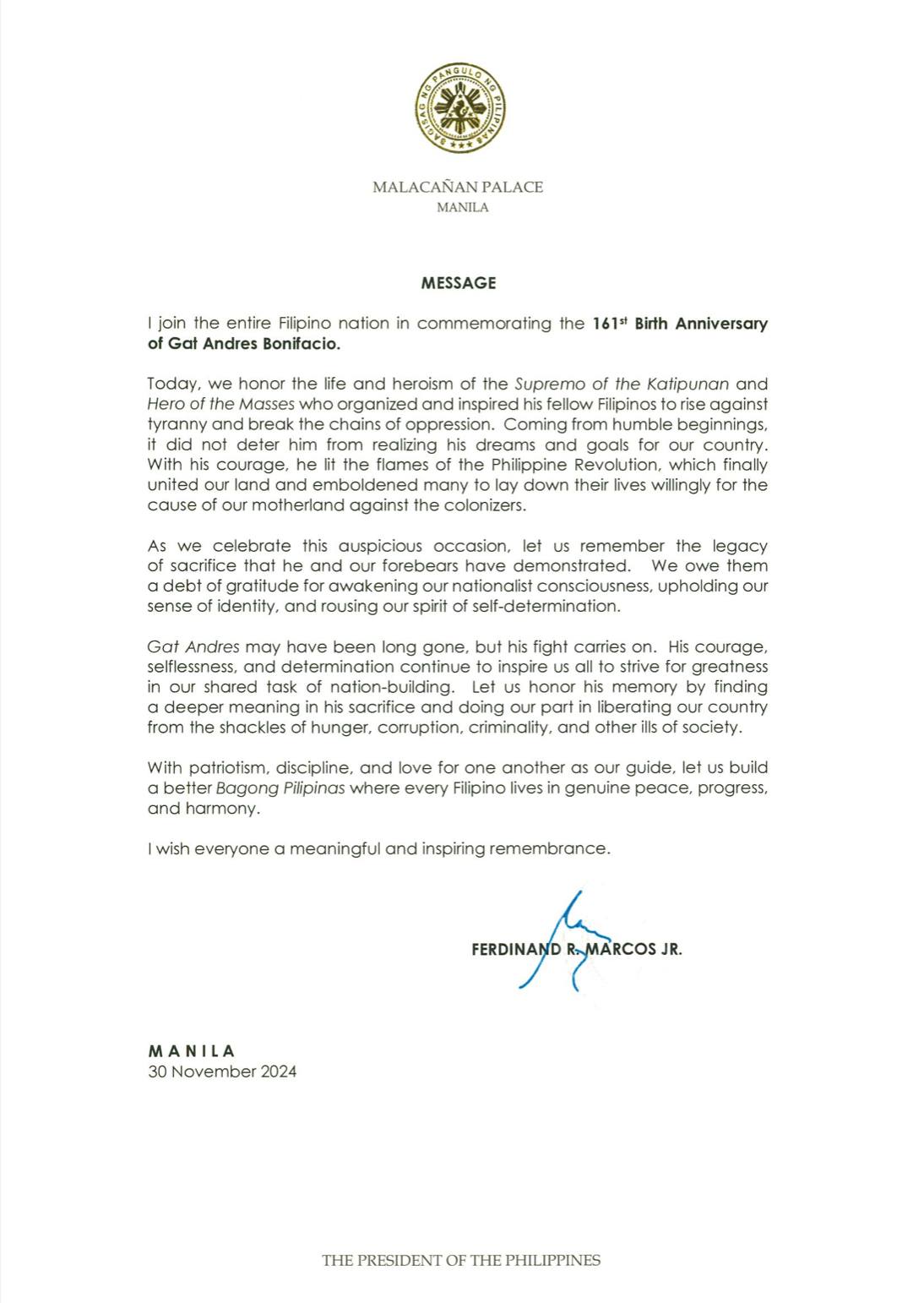 Bongbong Marcos Motivates Filipinos To Honor Bonifacio by Doing Part in ...