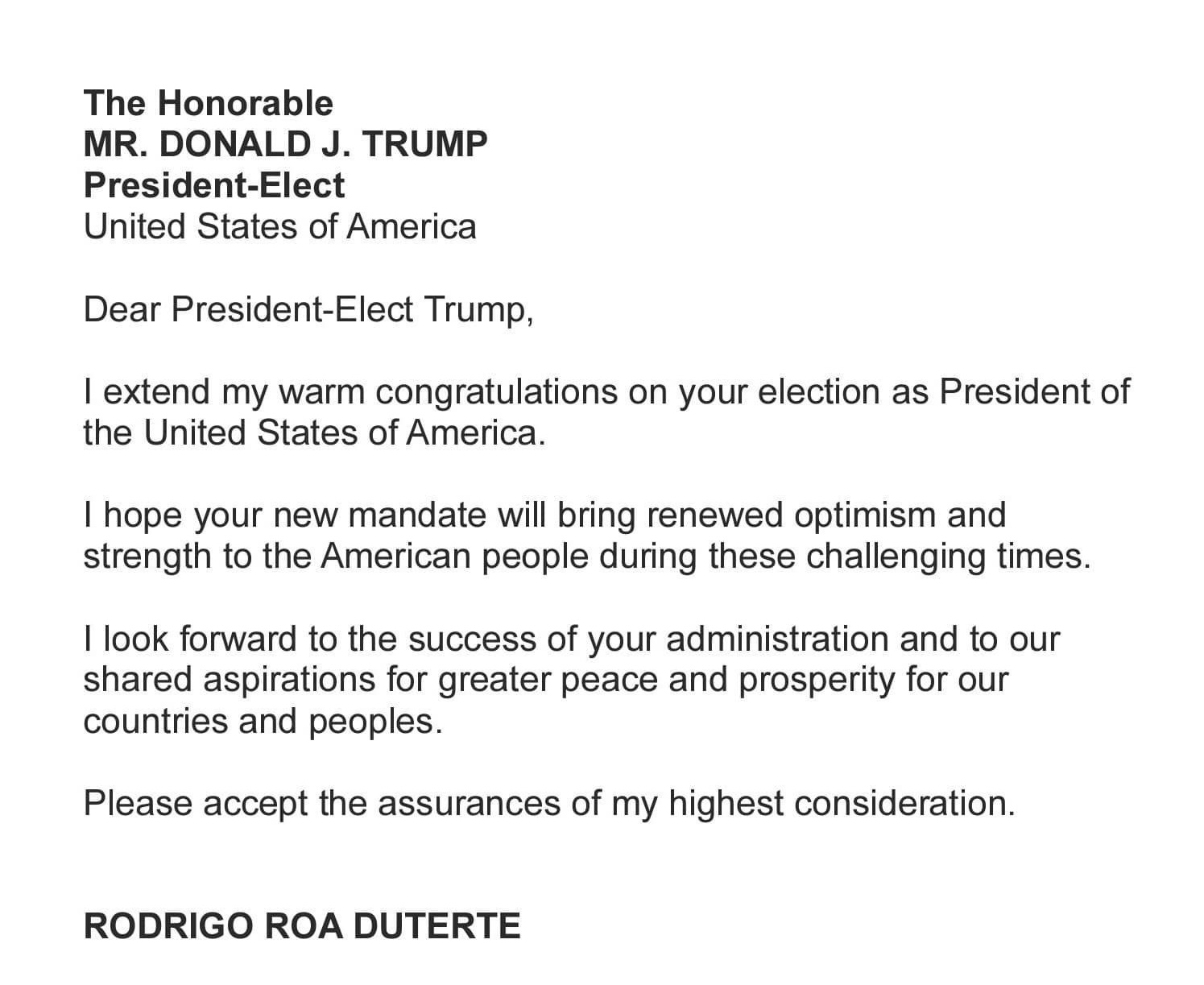 Rodrigo Duterte to Donald Trump: "I look forward to the success of your ...