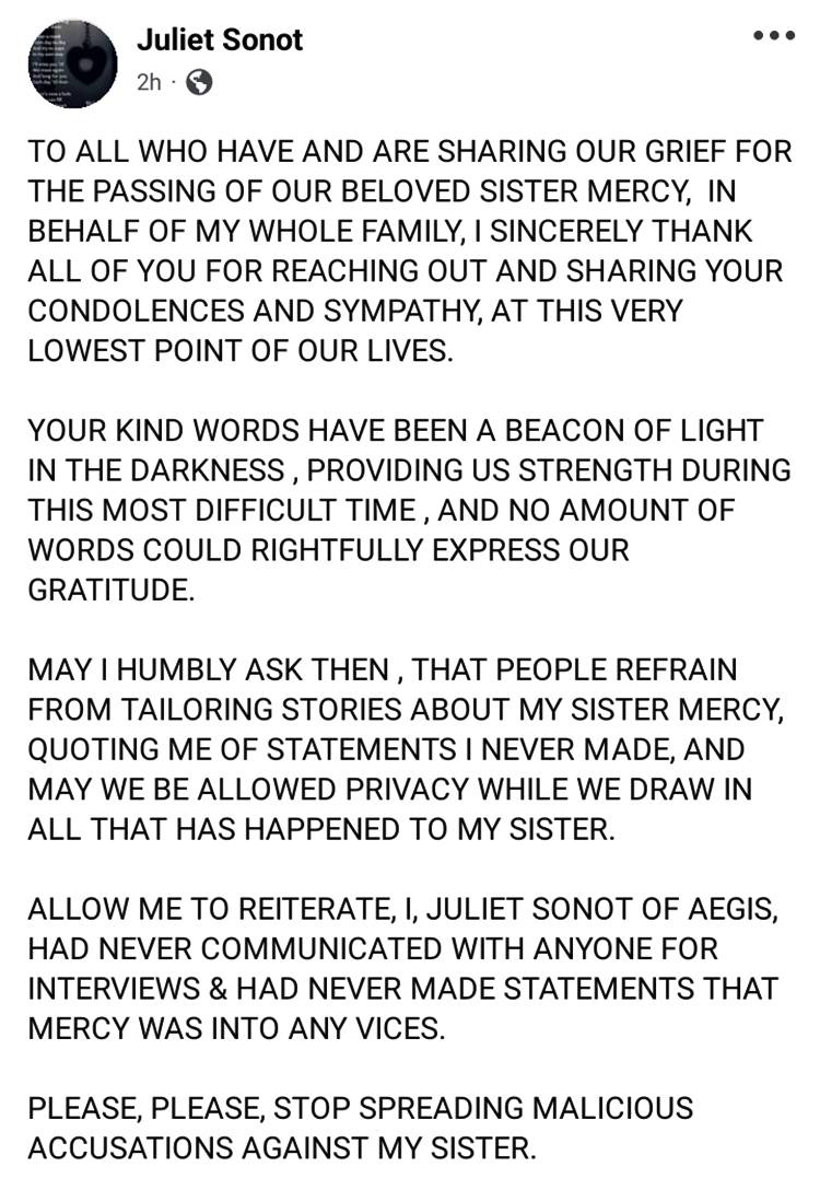 Mercy Sunot Fake News: Juliet Sunot, Aegis Release Statement | PhilNews