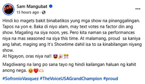 Sofronio Vasquez: Sam Mangubat Slams Bashers Of Showtime's Tawag Ng ...