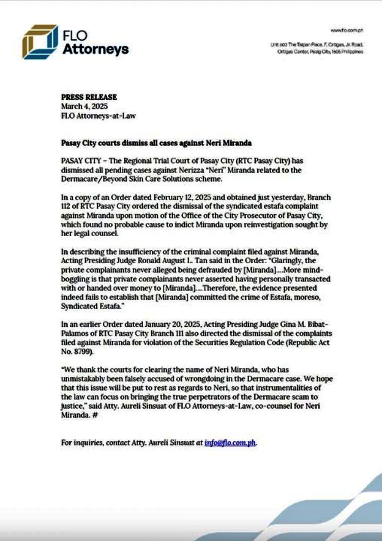 Neri Miranda: Pasay RTC Dismissed All Cases Against Celebrity | PhilNews