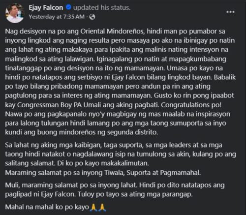 Ejay Falcon Accepts Loss in Bid for Oriental Mindoro Congressman | PhilNews