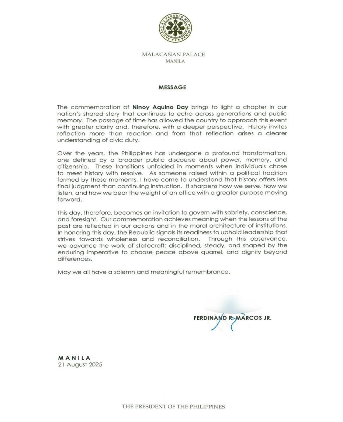Bongbong Marcos Gives Statement on Ninoy Aquino Day | PhilNews