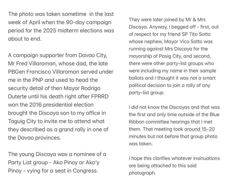 Ping Lacson Releases Explanation About His Photo w/ Curlee & Sarah ...