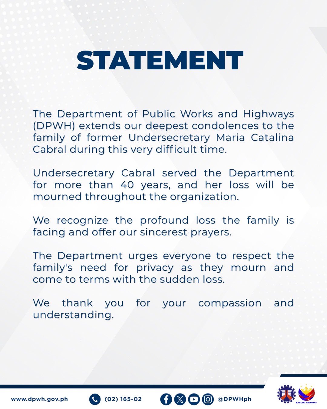 DPWH Releases Statement on Death of Former Usec. Maria Catalina Cabral ...