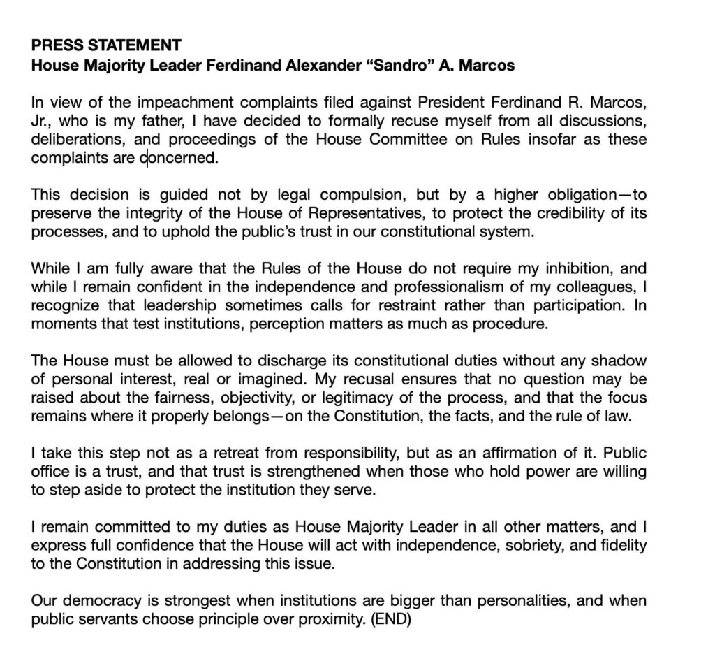 Marcos Jr. Claims Son Sandro Didn't Inform Him about Recusal from ...